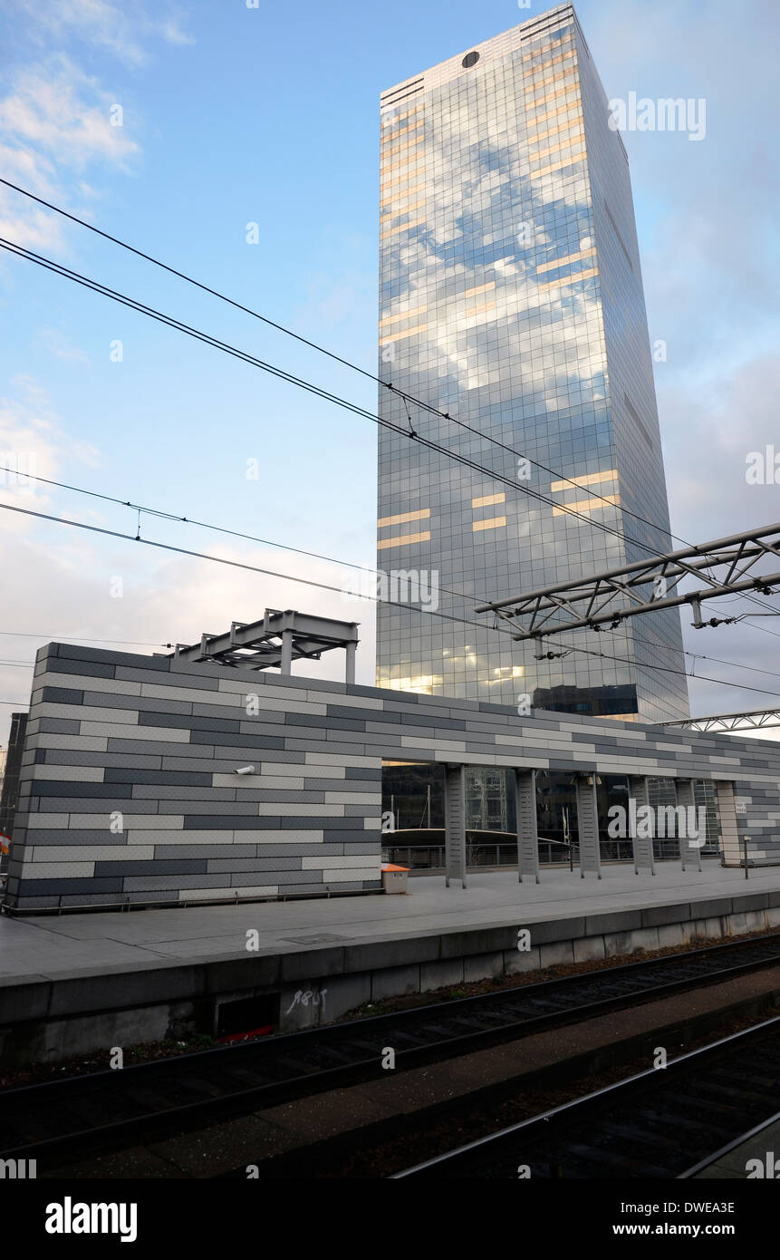 Overhead catenary at Brussels Midi railway station with steel and glass ...