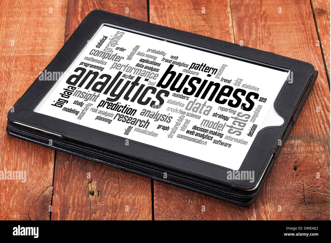 business analytics word cloud - a digital tablet on a rustic wooden ...