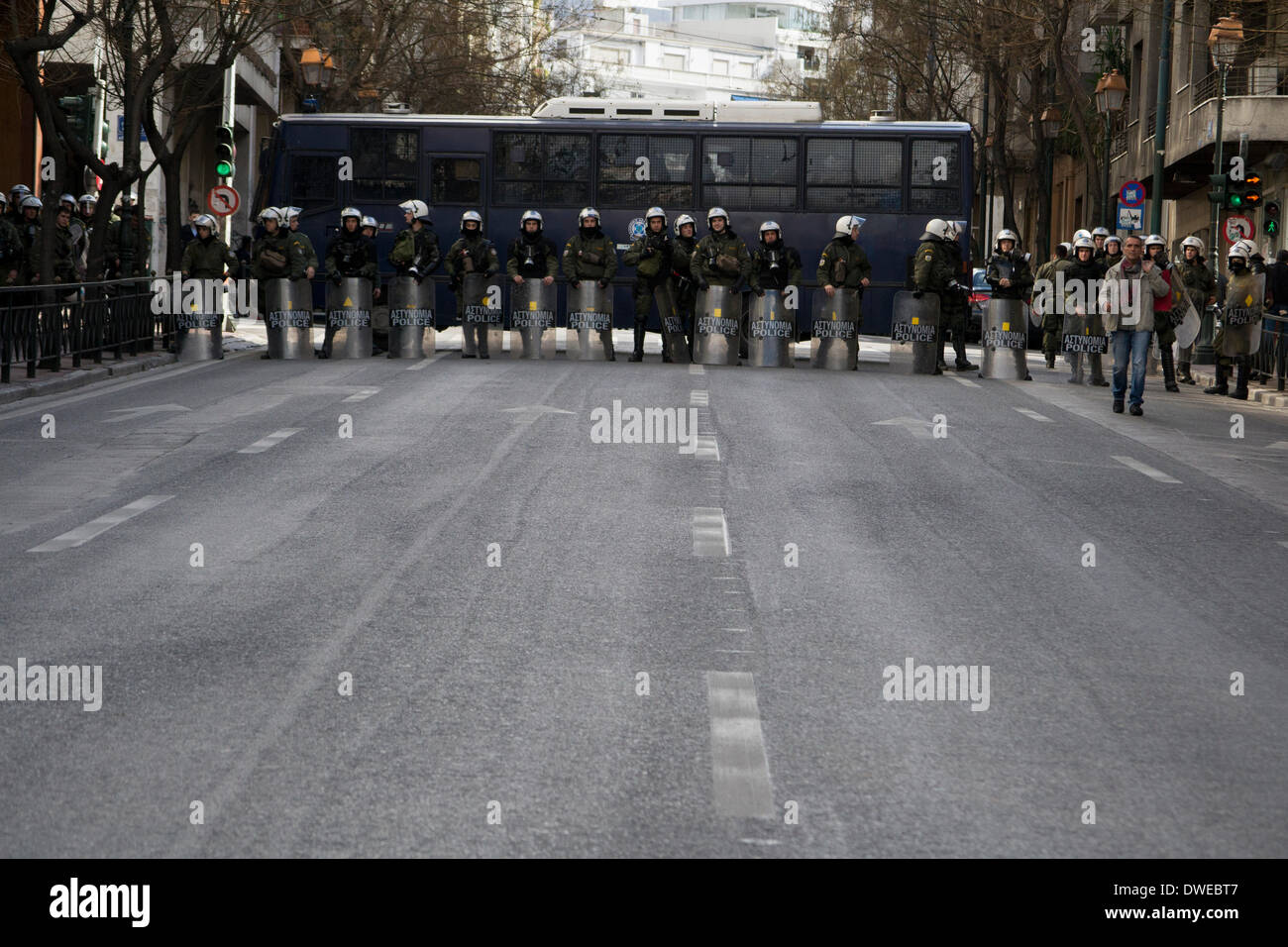 Athens, Greece, March 6th, 2014. Riot police block the way of teachers ...