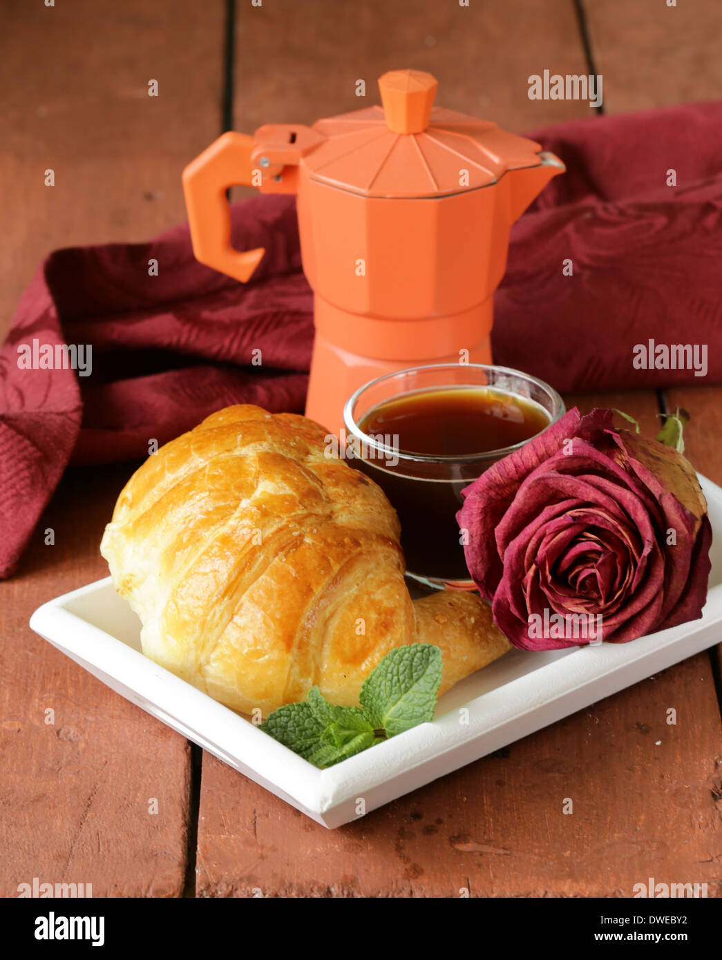 elegant coffee break or breakfast cup of coffee and croissant Stock ...