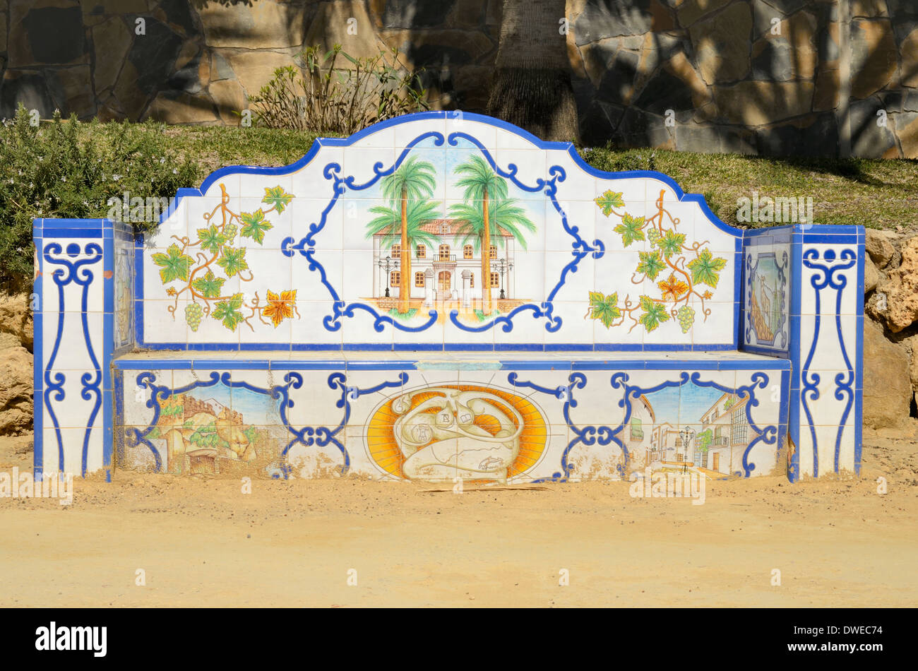 Tile bench in the beach promenade of Marbella, Andalusia, Spain Stock ...