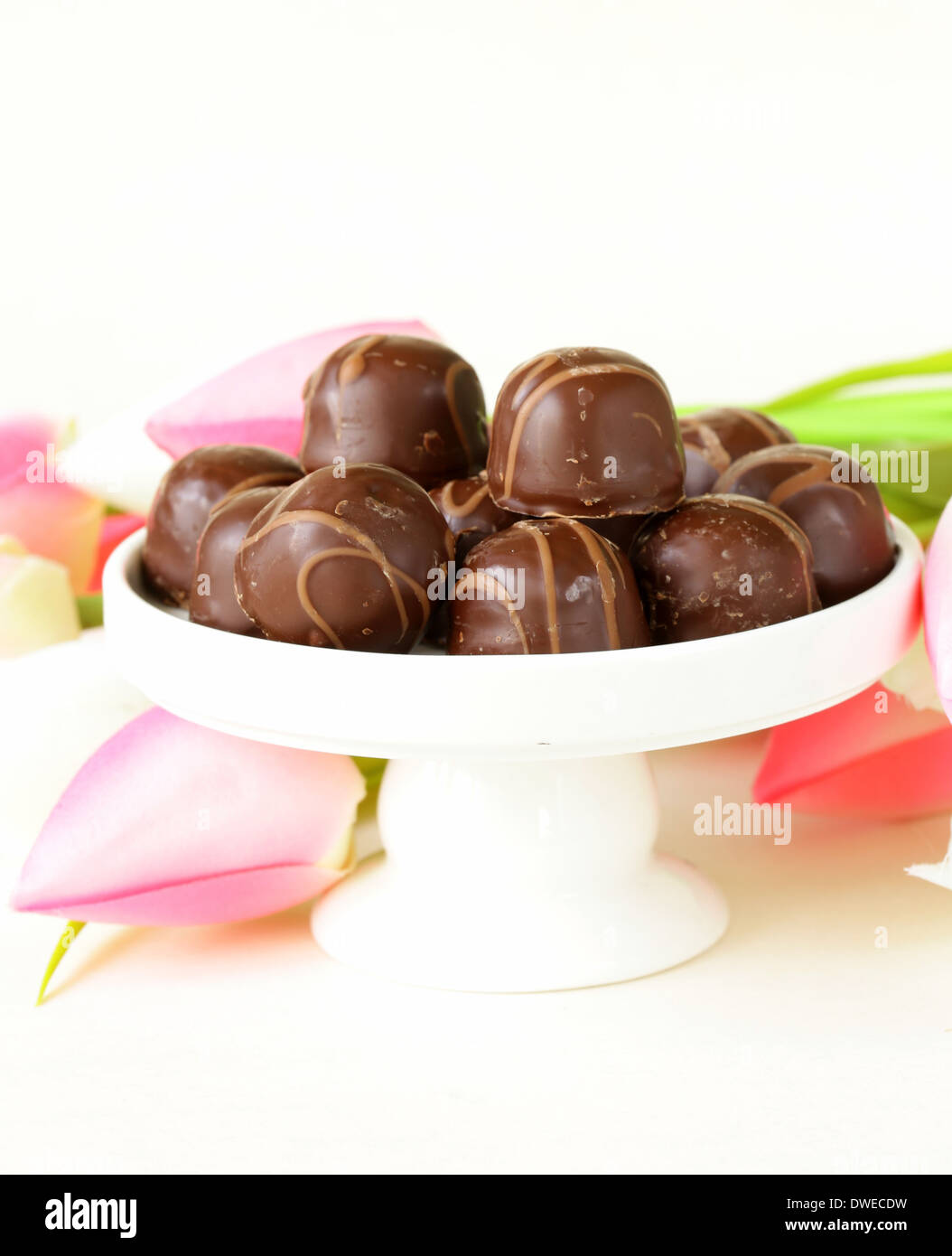 chocolate candy and flowers on white background Stock Photo - Alamy