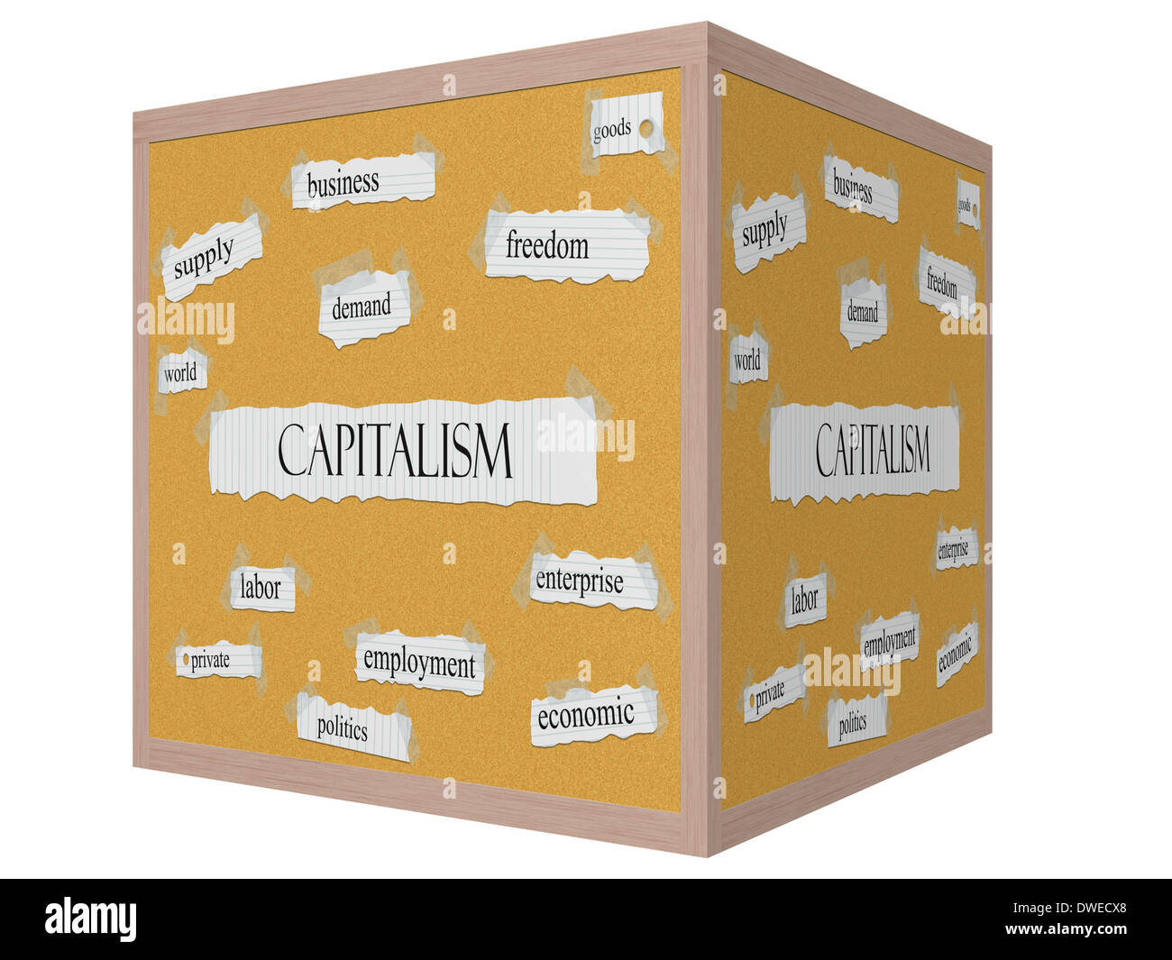 Capitalism 3D cube Corkboard Word Concept with great terms such as ...