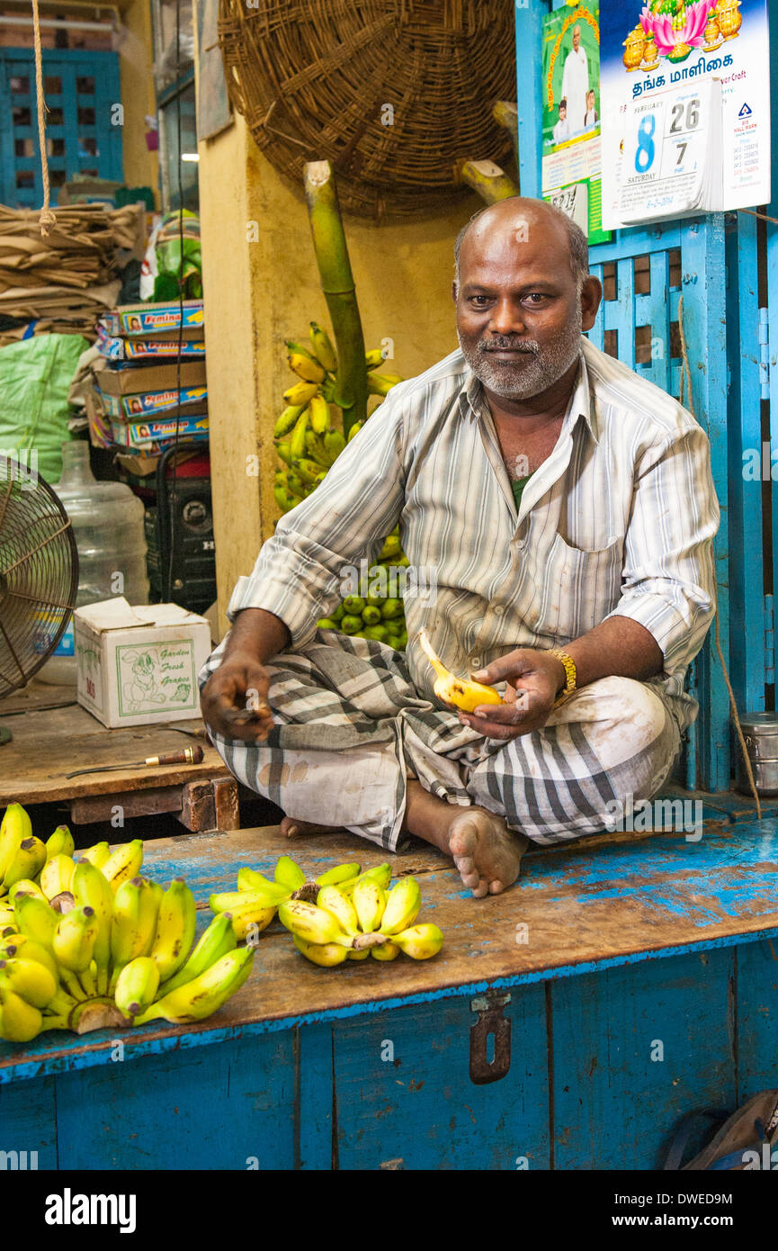 India Tamil Nadu Pondicherry Puducherry banana street market vendor man ...