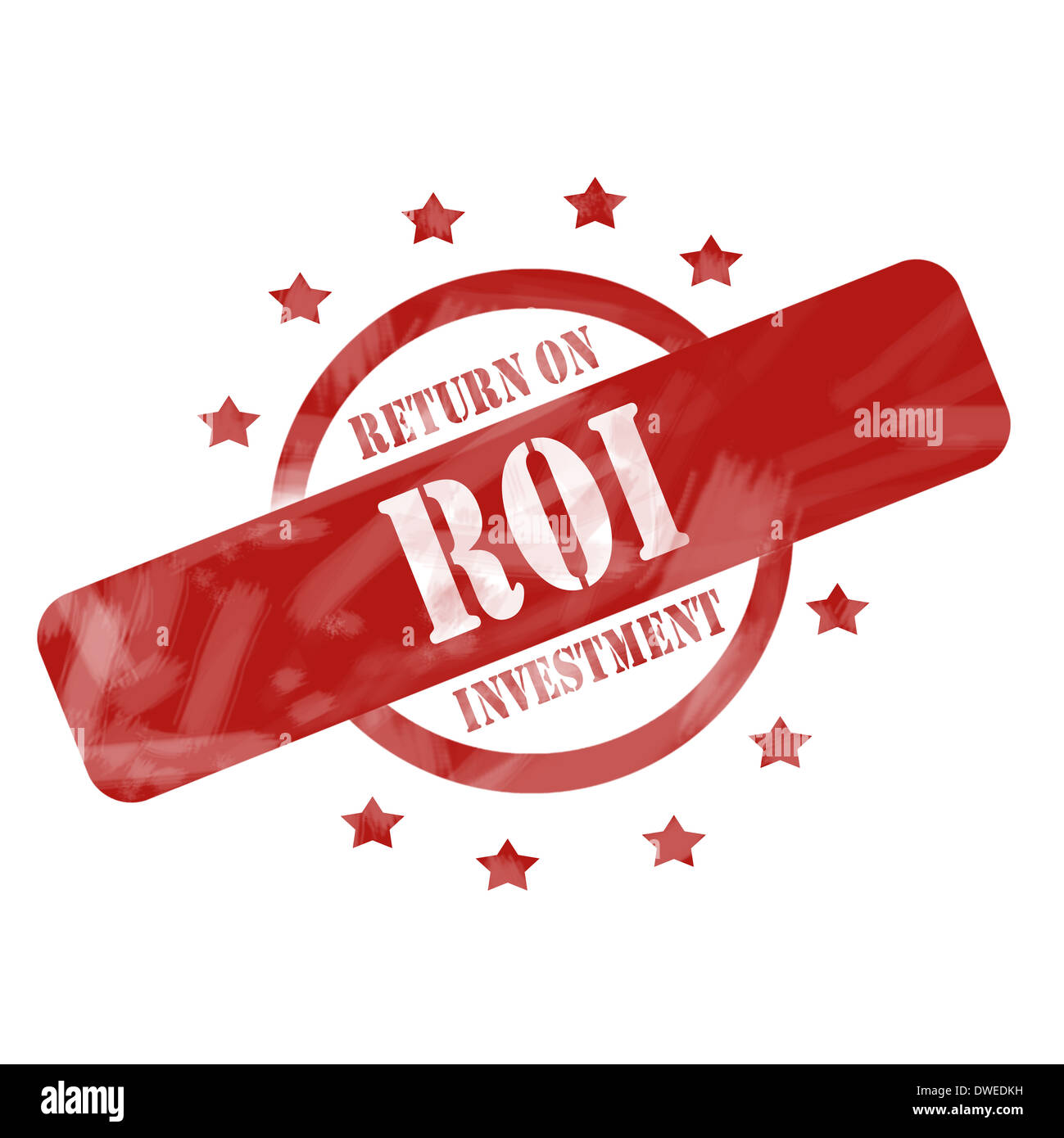 A red ink weathered roughed up circle and stars stamp design with the ...