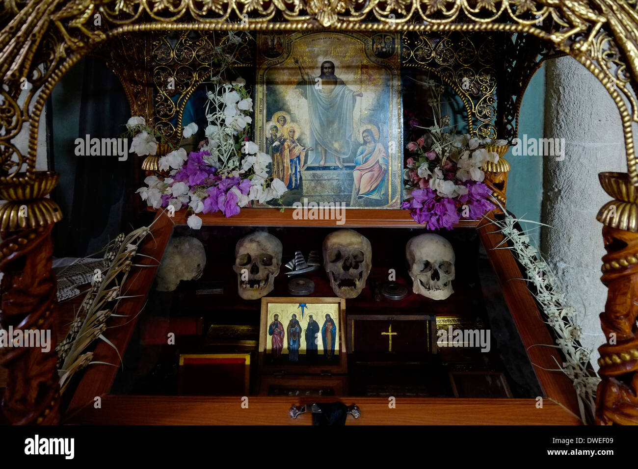 Reliquary containing skulls of monks displayed inside the Church of St ...