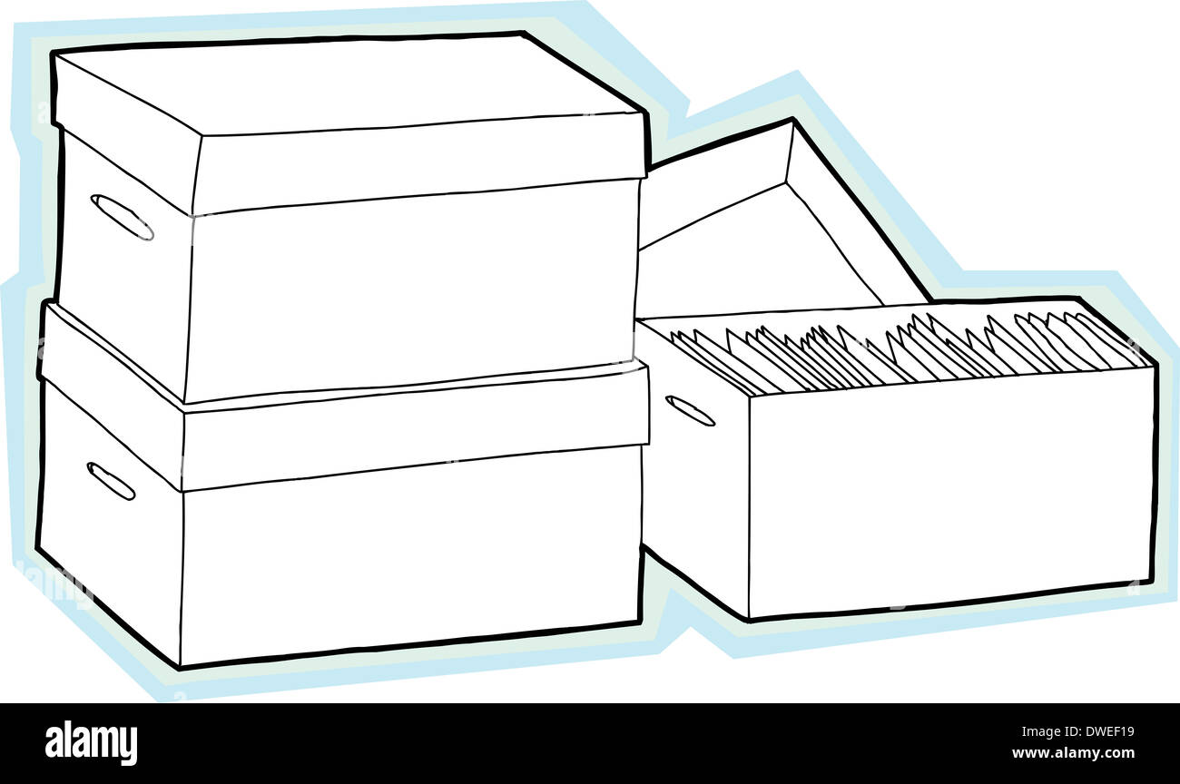 Three boxes with documents with blue background Stock Photo - Alamy