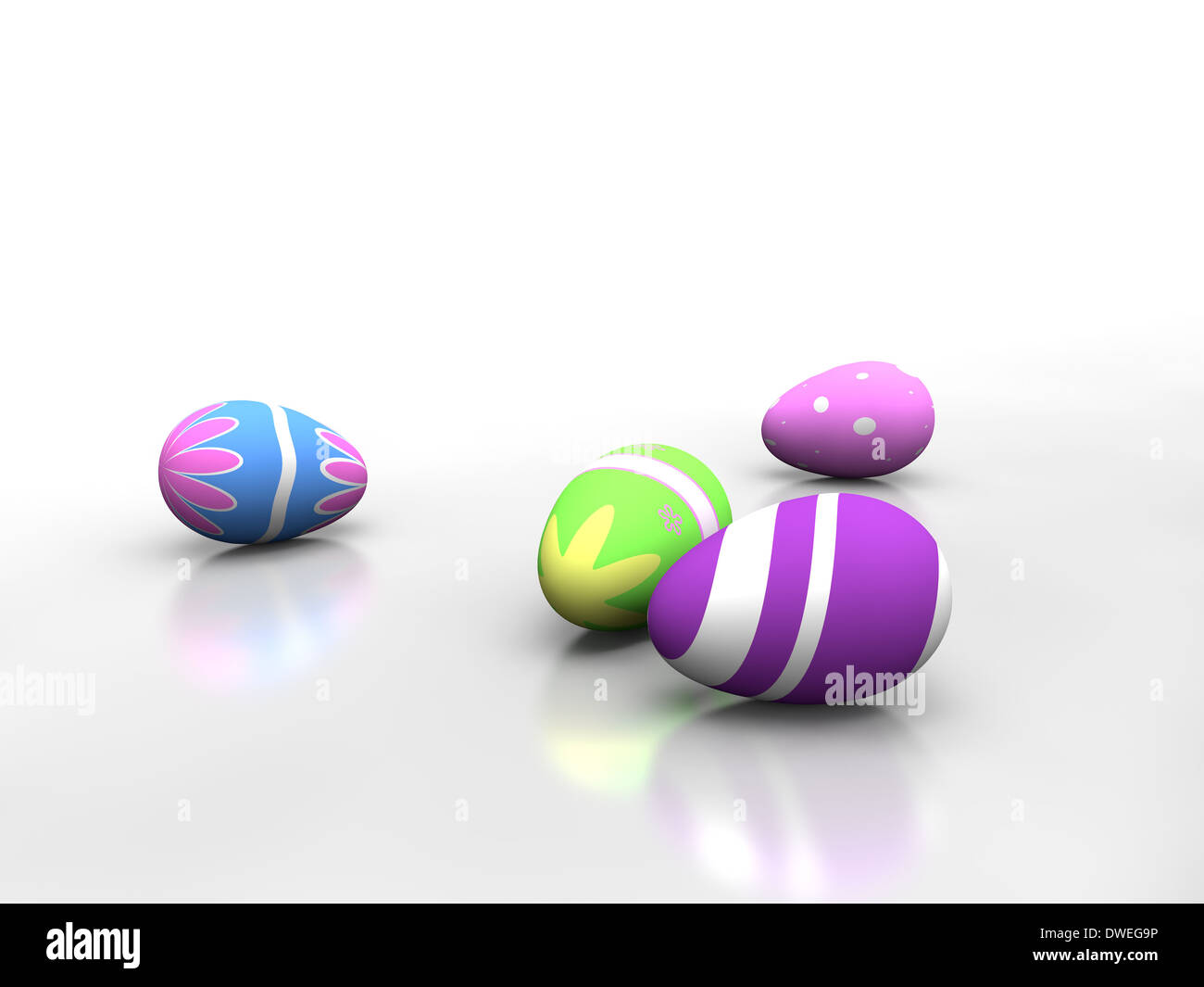 A row of five easter eggs in a white environment Stock Photo - Alamy