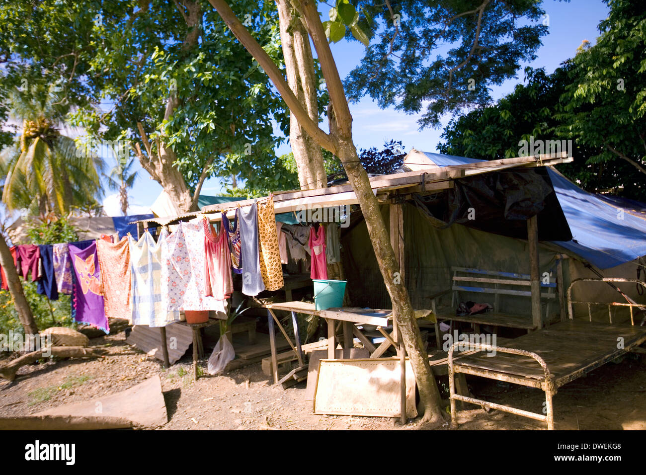 Laundry hangs on a line at this tent camp on Ghizo Island, Solomon ...