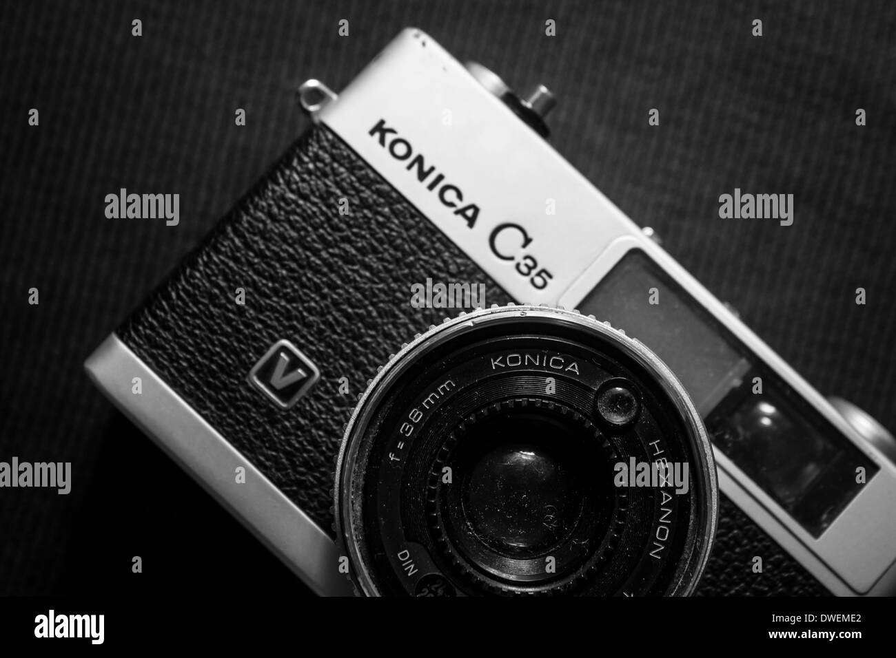 Vintage photography camera Konica c35 detail. Black and withe Stock ...
