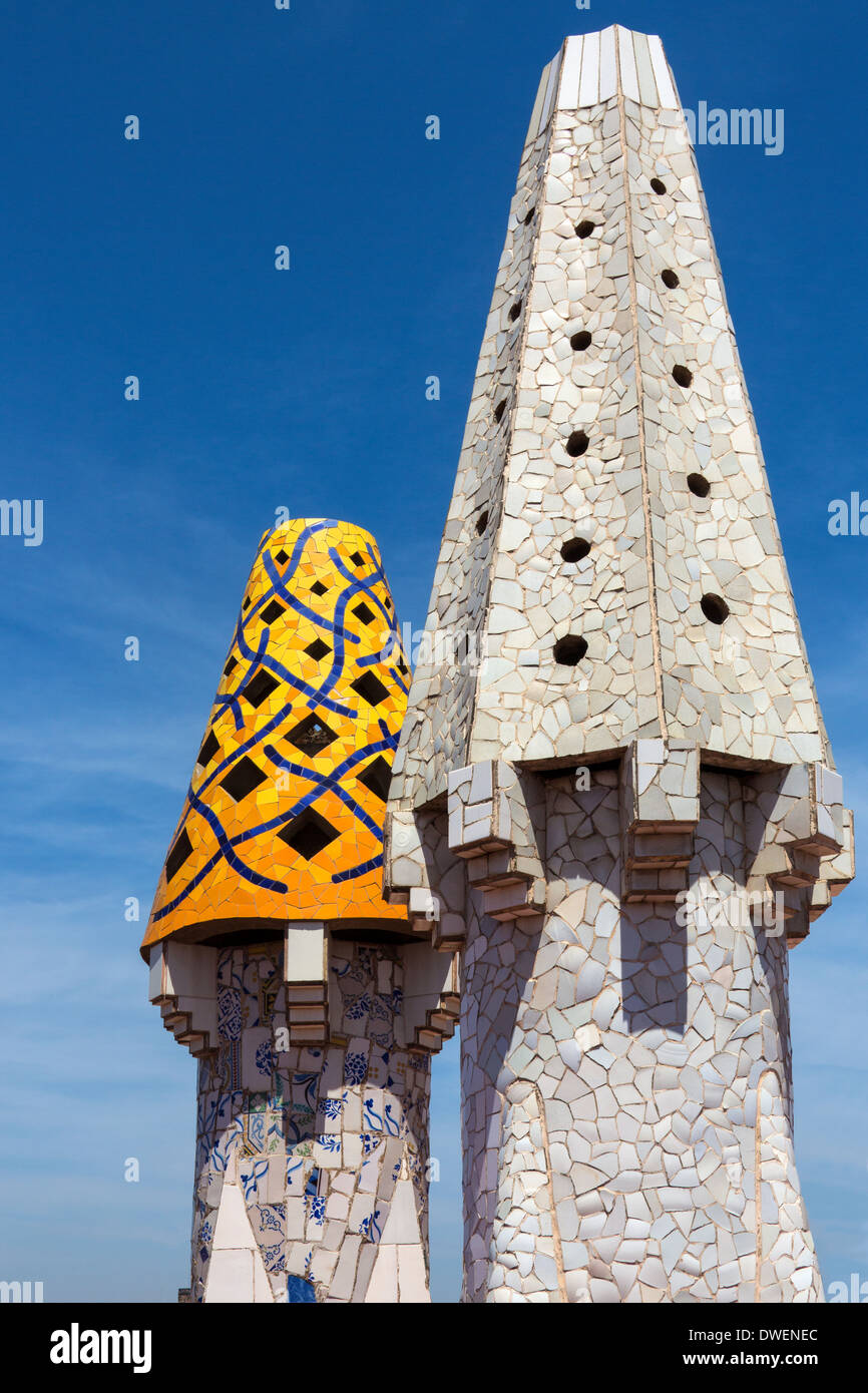 Ornate chimney designs on the roof of Gaudi's Neo-Gothic palace of ...