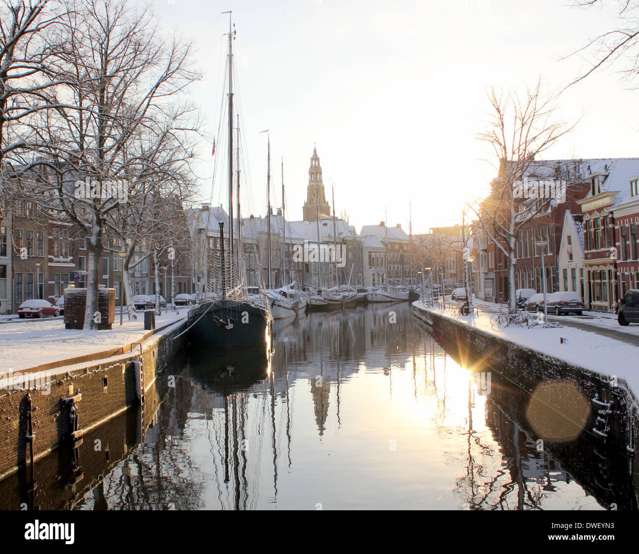 Canal at Hoge der A in Groningen, The Netherlands in winter setting ...