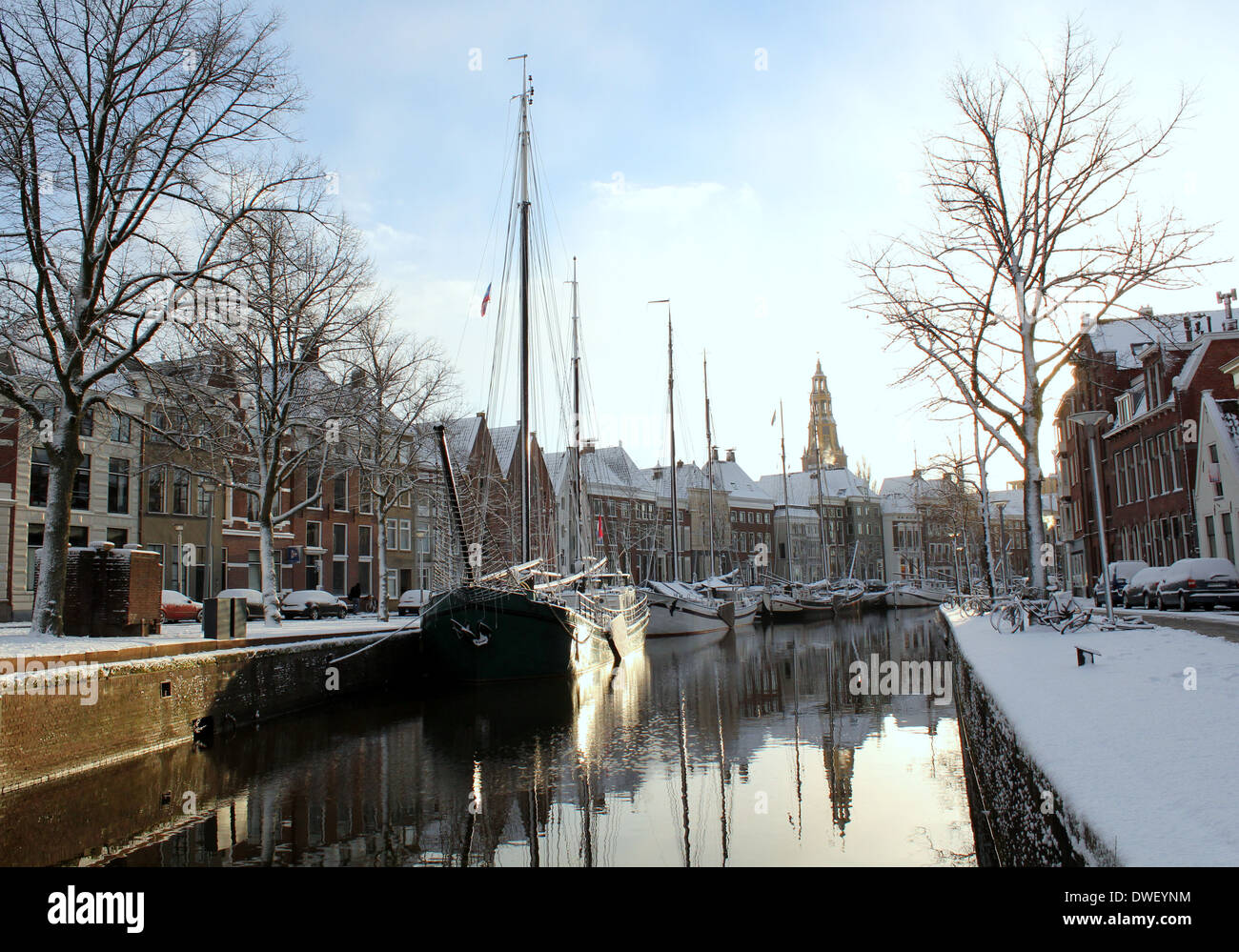 Canal at Hoge der A in Groningen, The Netherlands in winter setting ...