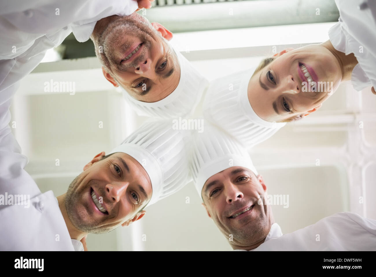 Happy team of chefs standing in a circle Stock Photo - Alamy