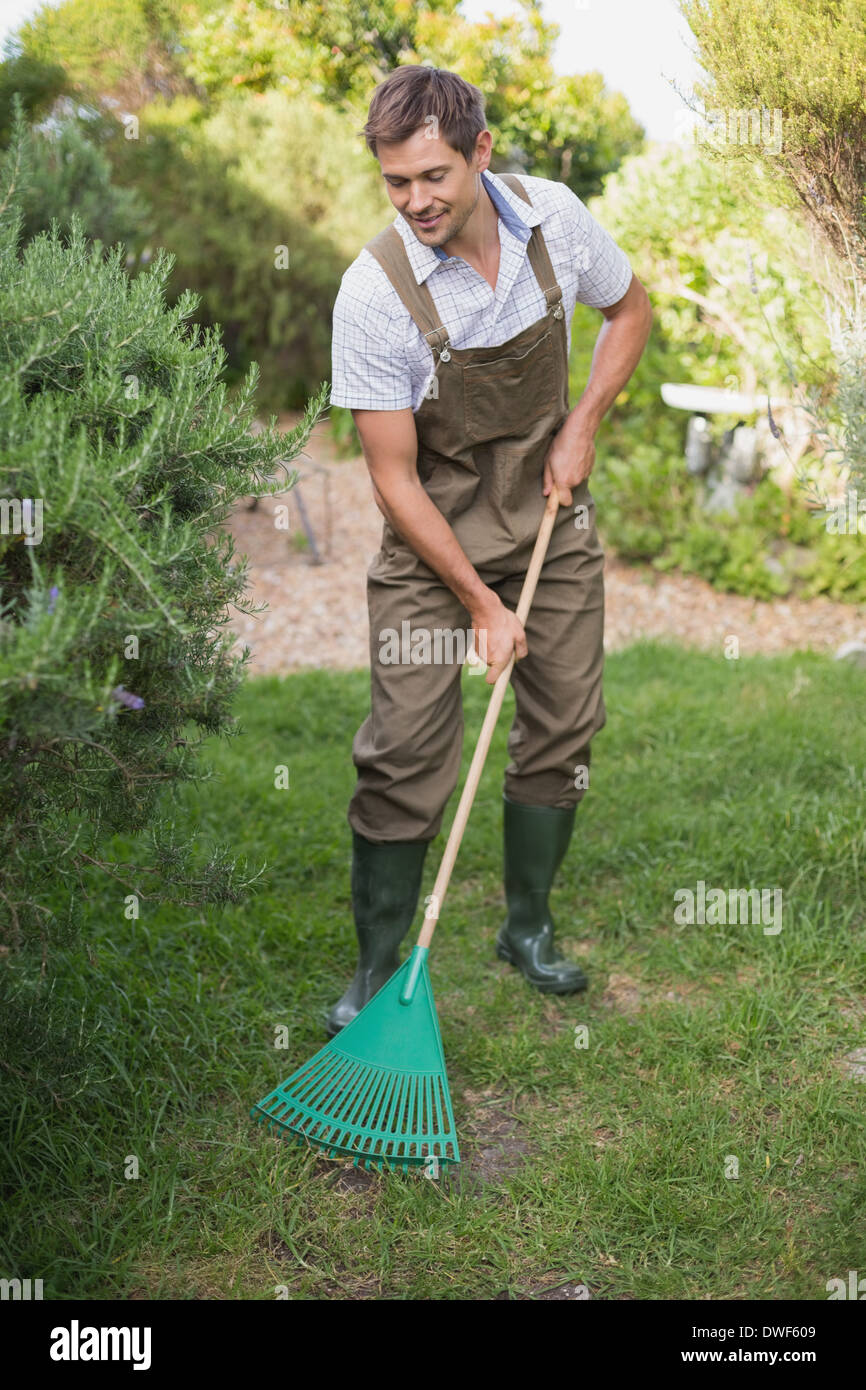 Man in dungarees raking the garden Stock Photo - Alamy