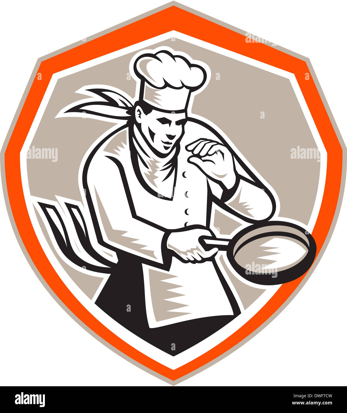 Illustration of a chef cook holding frying pan set inside shield on ...