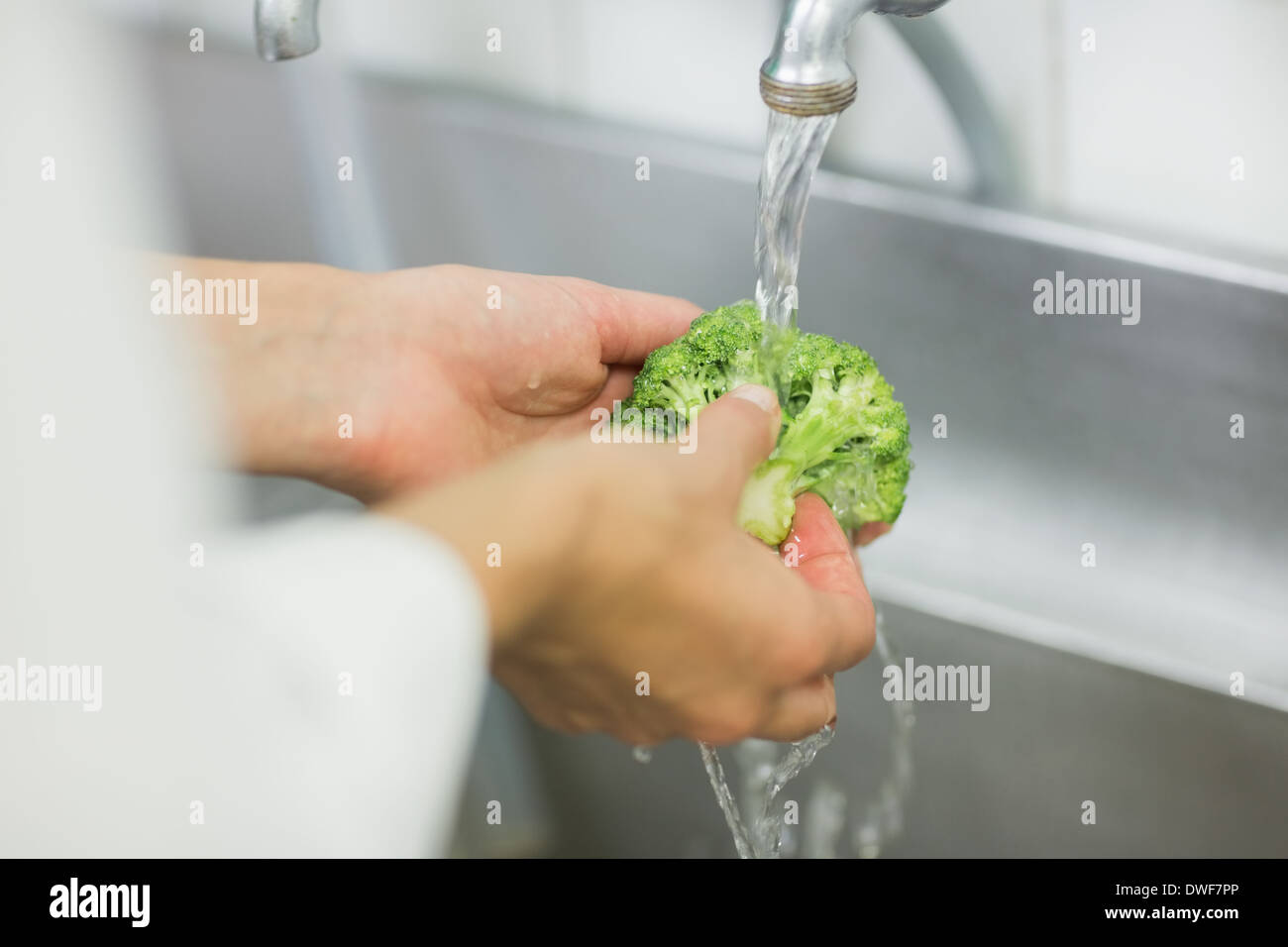 Chef washing broccoli under the tap Stock Photo - Alamy