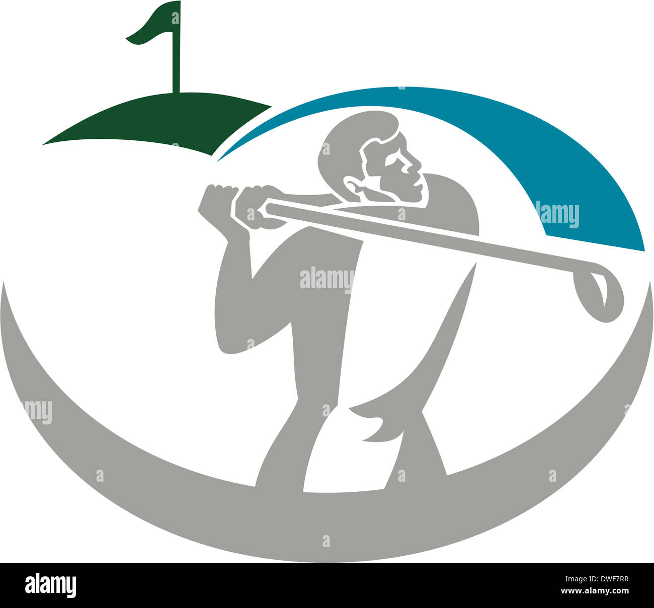 Illustration of a golfer playing golf swinging club tee off set on ...