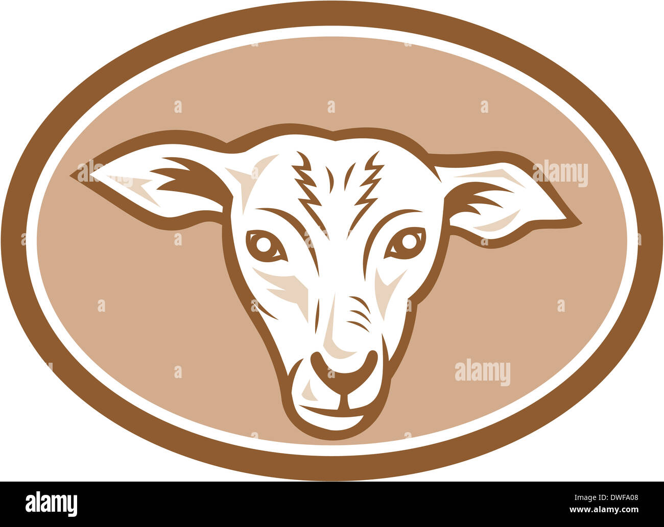 Illustration of a sheep lamb head facing front set inside oval done in ...