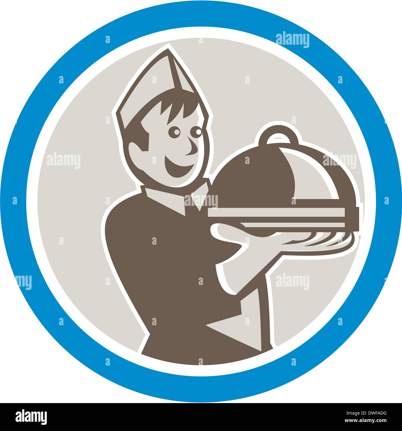 Illustration of a waiter holding serving plate platter of food facing ...