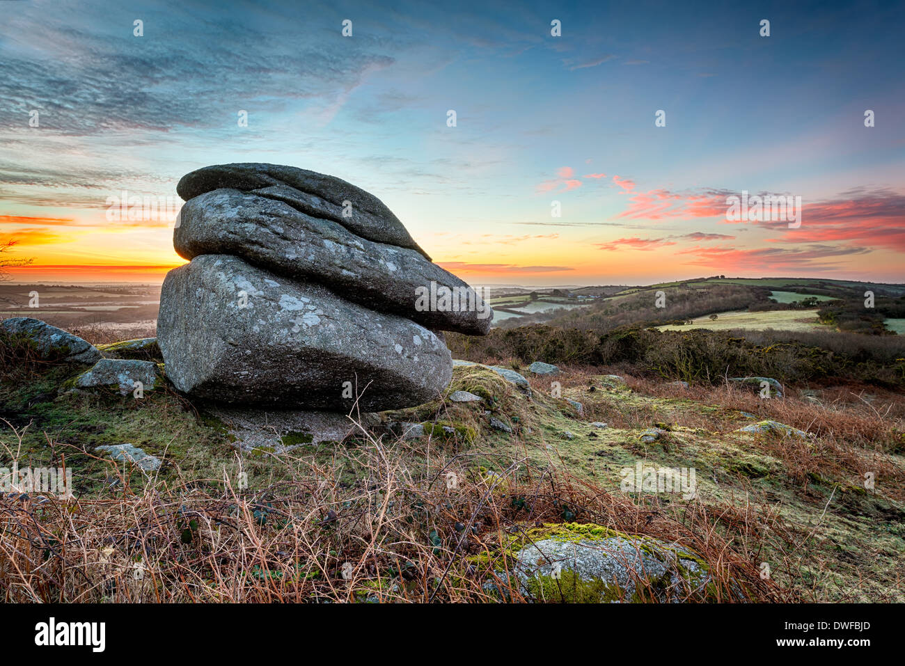 Sunrise at Helman Tor, rugged moorland near Bodmin in Cornwall Stock ...