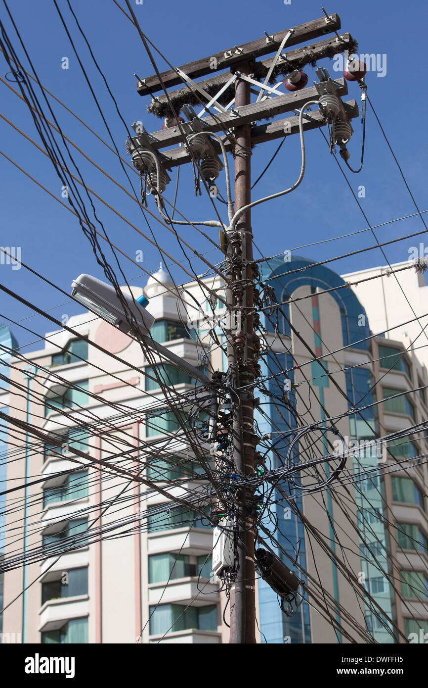 Pole with a mess of wires Stock Photo - Alamy