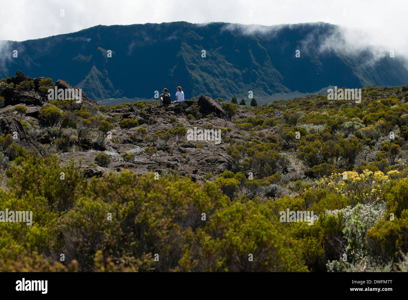 Trekking by the Piton de la Fournaise volcano. The volcano Piton de la ...