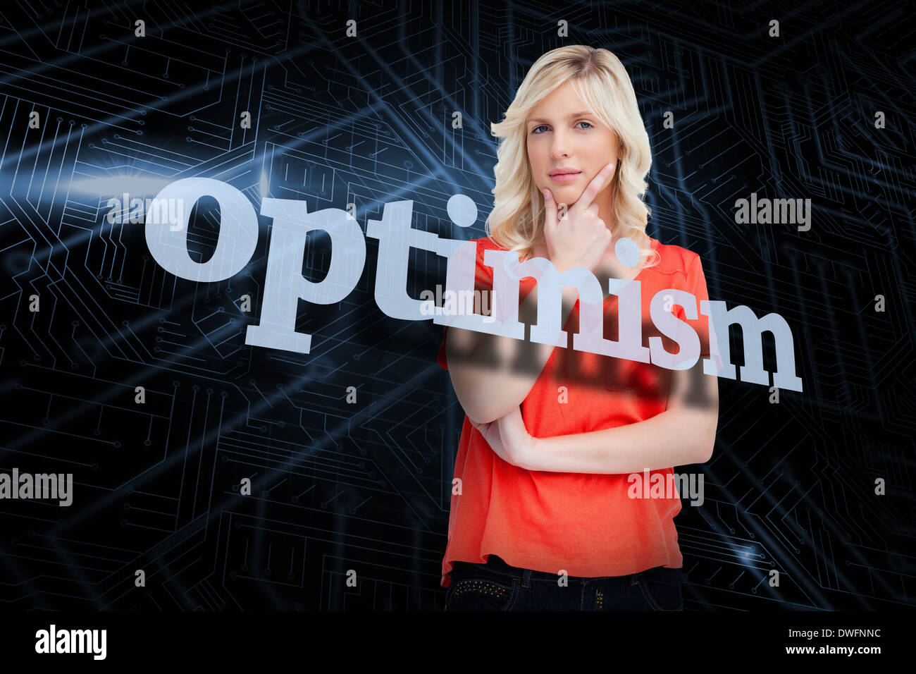Optimism against futuristic black and blue background Stock Photo - Alamy