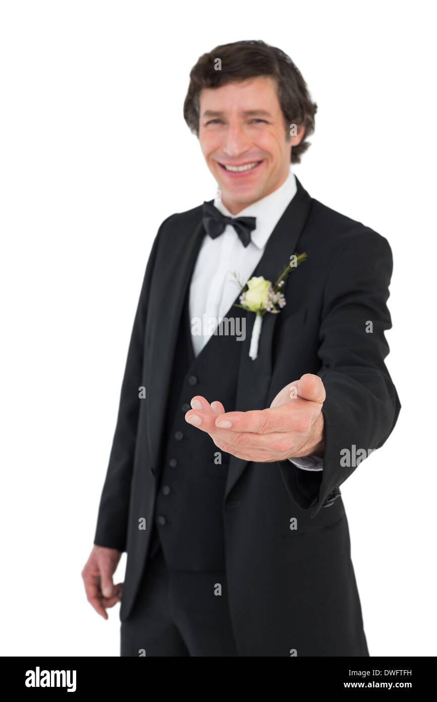 Smiling groom offering hand Stock Photo - Alamy