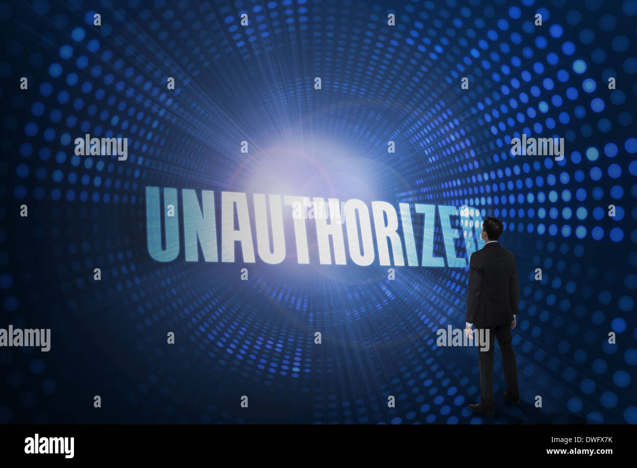 Unauthorized against futuristic dotted blue and black background Stock ...