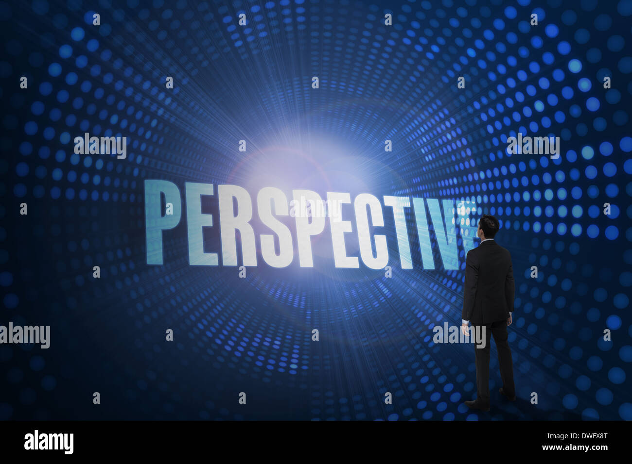 Perspective against futuristic dotted blue and black background Stock ...