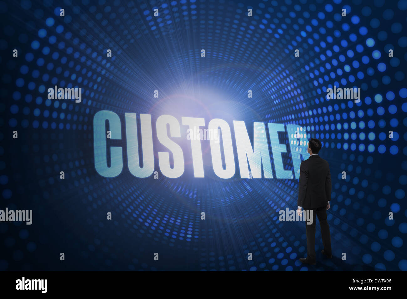 Customer against futuristic dotted blue and black background Stock ...