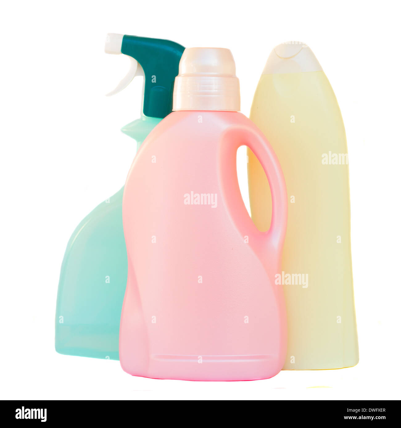 Plastic detergent bottles on white background Stock Photo - Alamy