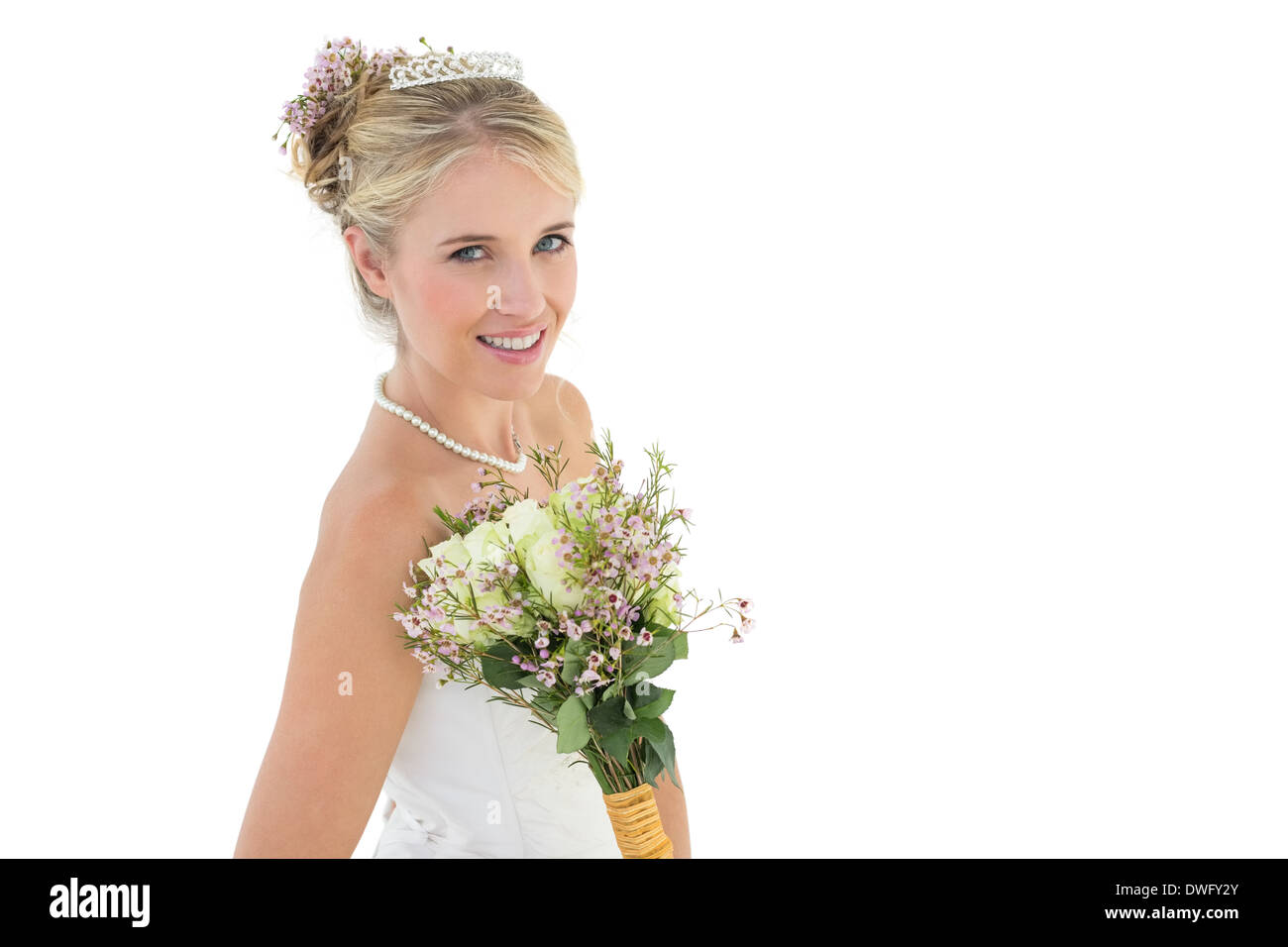 Happy bride with flower bouquet over white background Stock Photo - Alamy