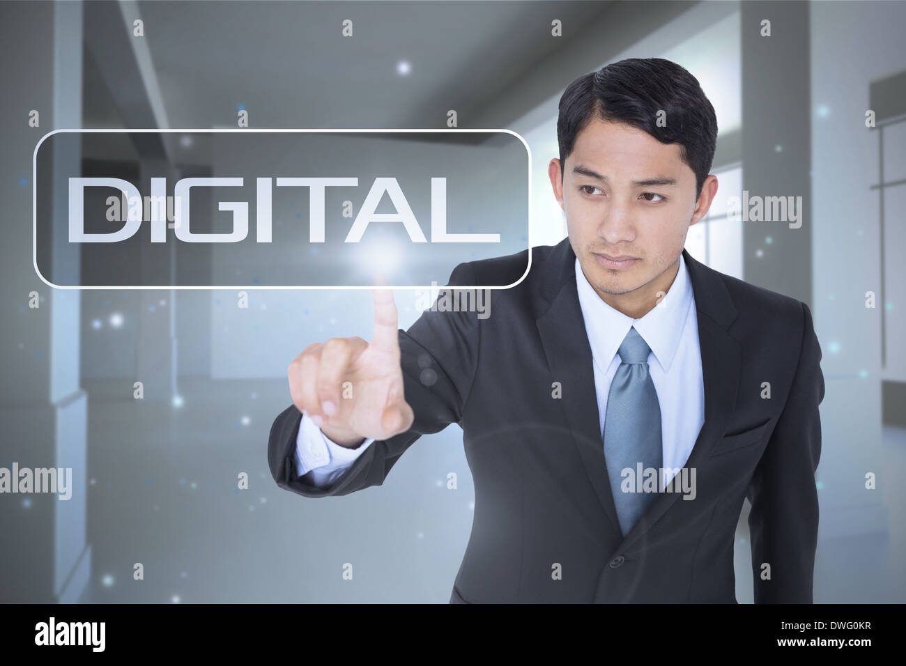 Digital against screen in room with sparks Stock Photo - Alamy