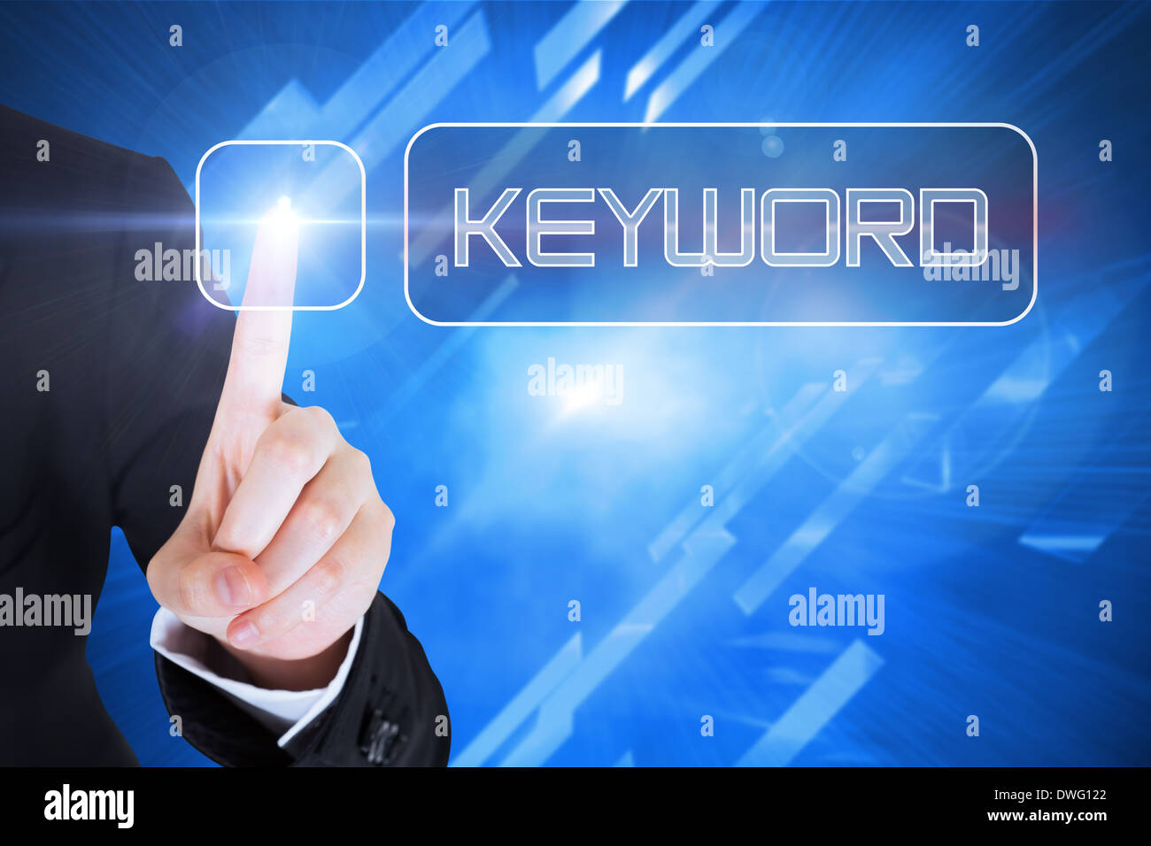 Businesswomans finger touching keyword button against technical screen ...