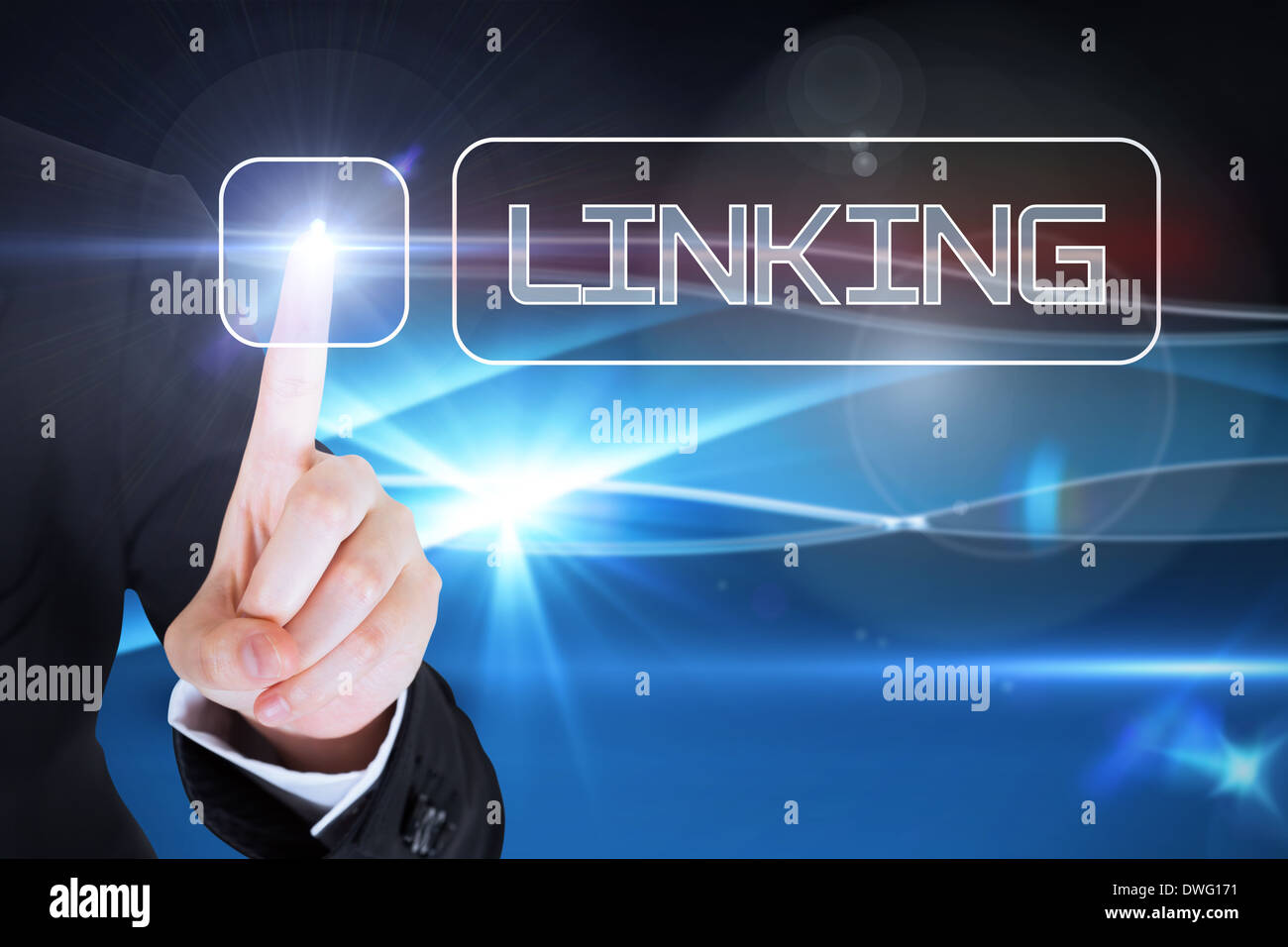 Businesswomans finger touching Linking button Stock Photo - Alamy