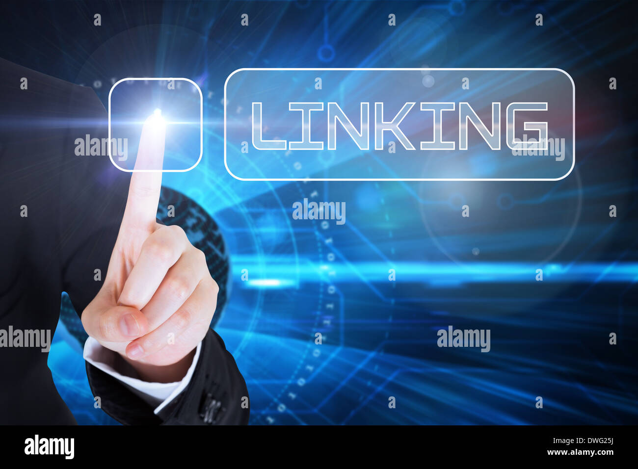 Businesswomans finger touching Linking button Stock Photo - Alamy