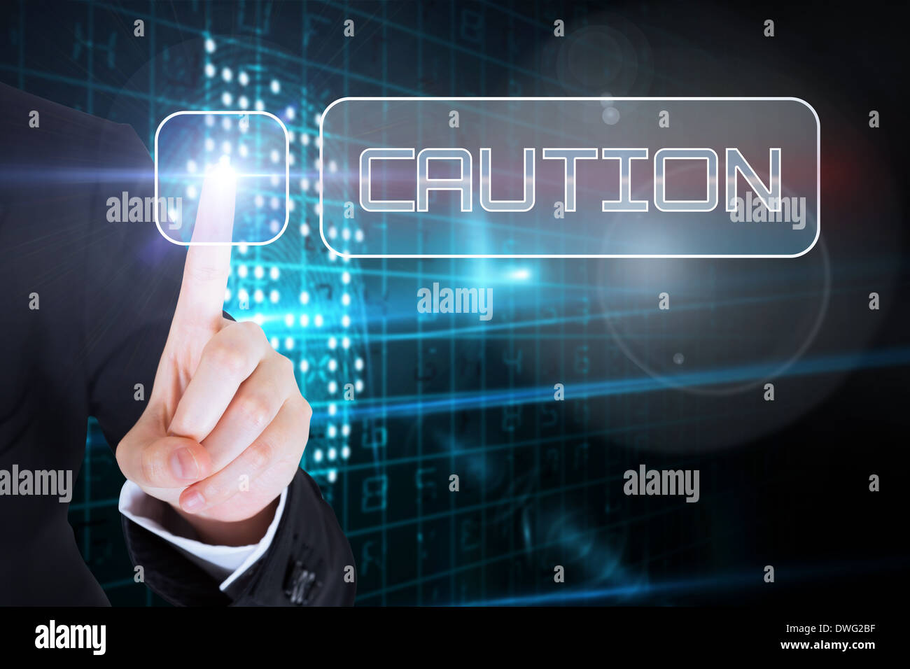 Businesswomans finger touching caution button against background with ...