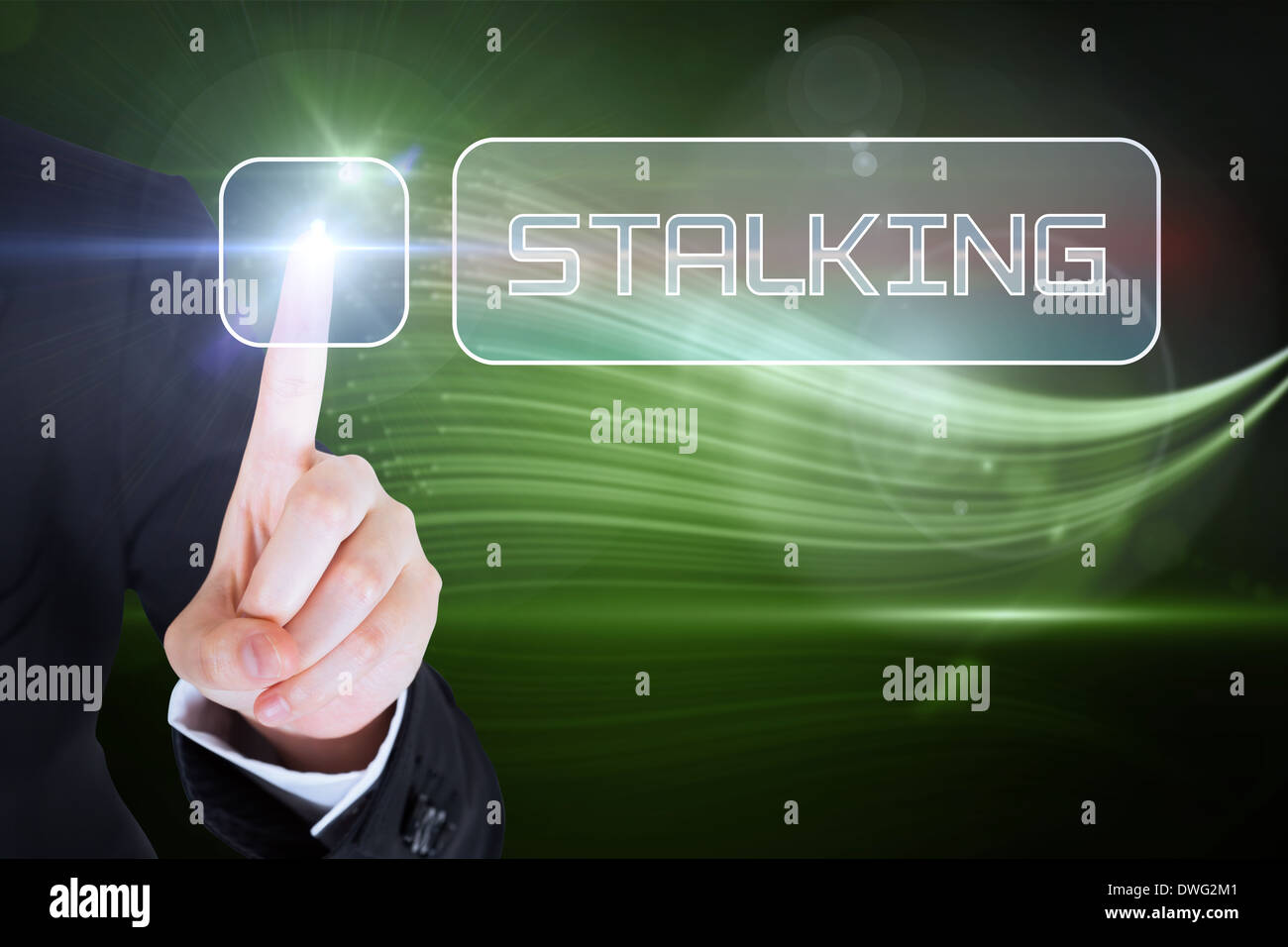 Businesswomans finger touching Stalking button Stock Photo - Alamy