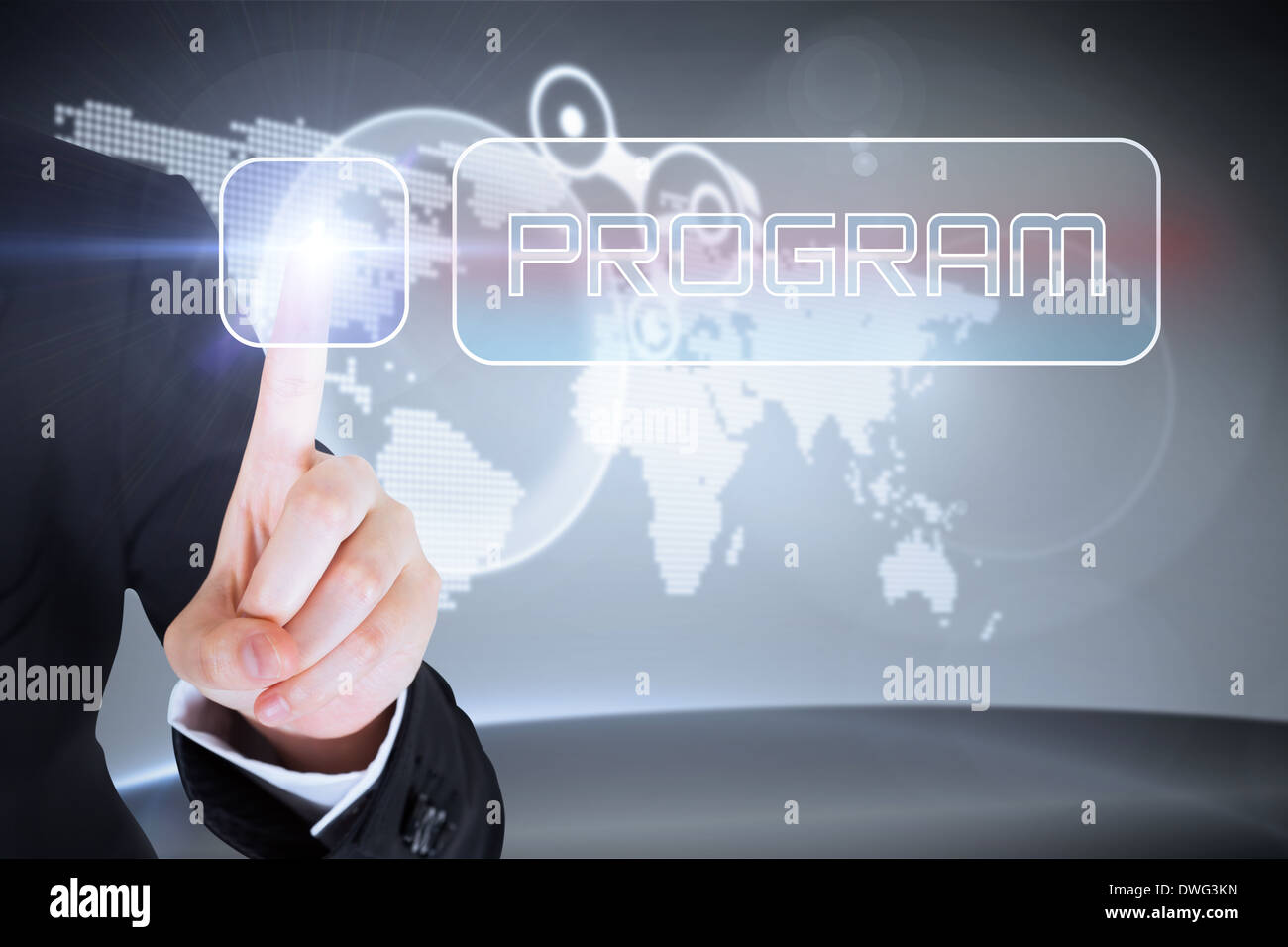 Businesswomans finger touching Program button Stock Photo - Alamy