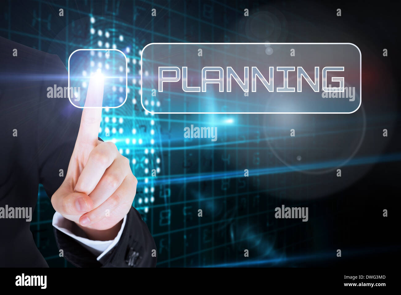 Businesswomans finger touching Planning button Stock Photo - Alamy