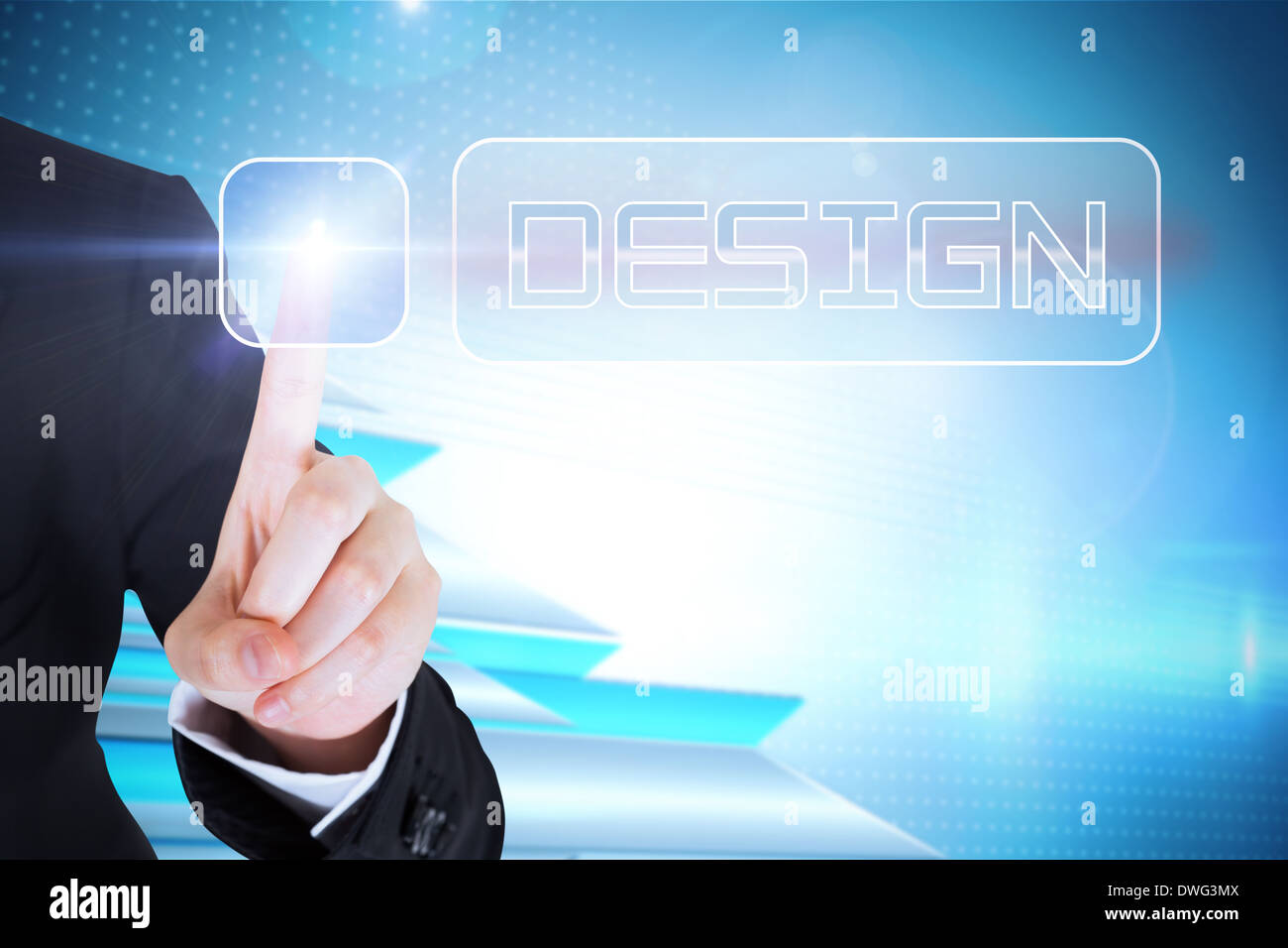 Businesswomans finger touching Design button Stock Photo - Alamy