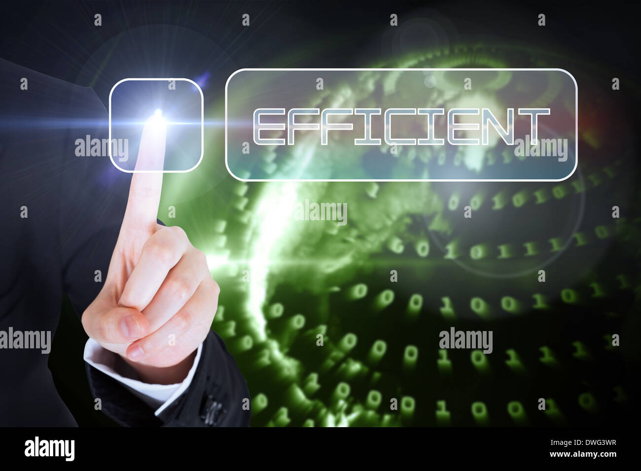 Businesswomans finger touching efficient button against black ...