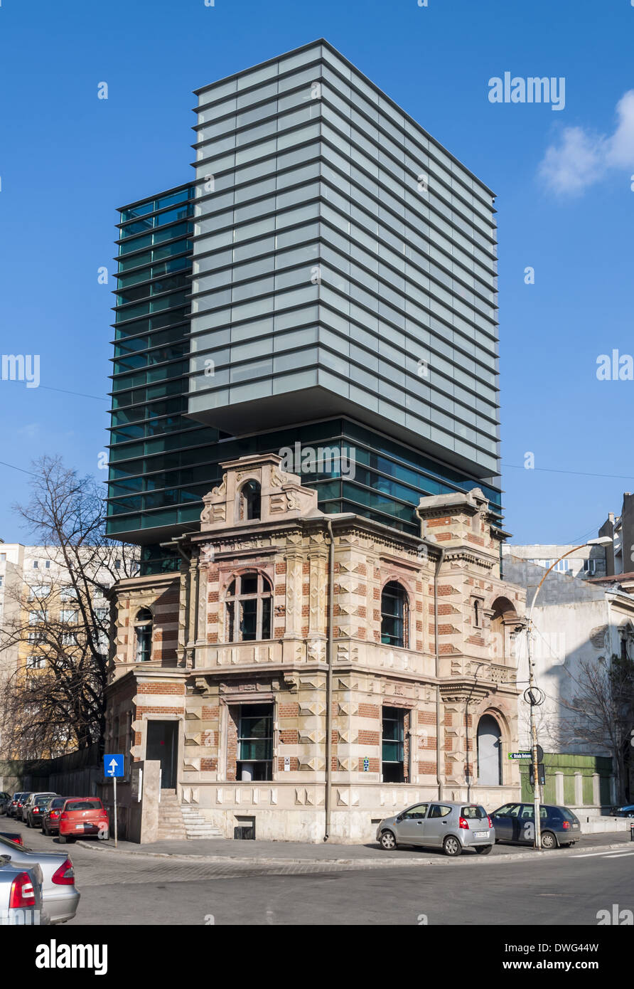 Old and new architectural style of an office building in Bucharest ...