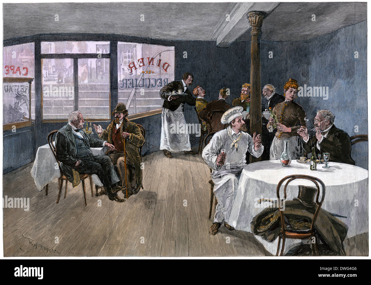 Restaurant in the French quarter of New York City, 1880s. Hand-colored ...