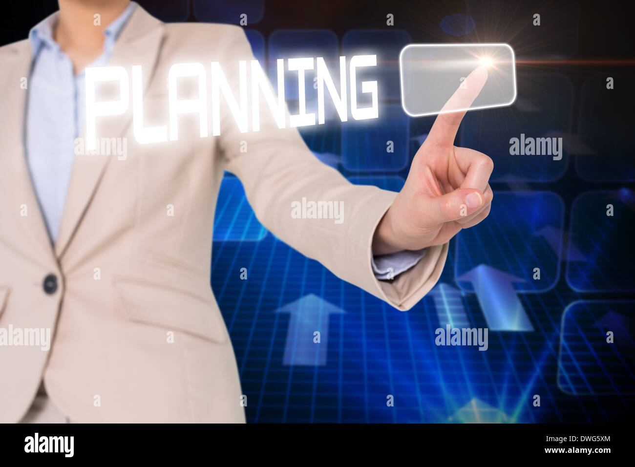 Businesswomans finger touching planning button Stock Photo - Alamy