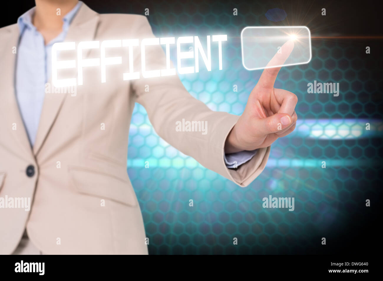 Businesswomans finger touching efficient button against black ...