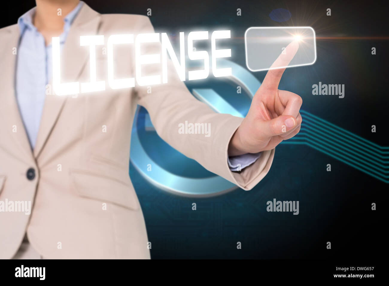 Businesswomans finger touching license button Stock Photo - Alamy