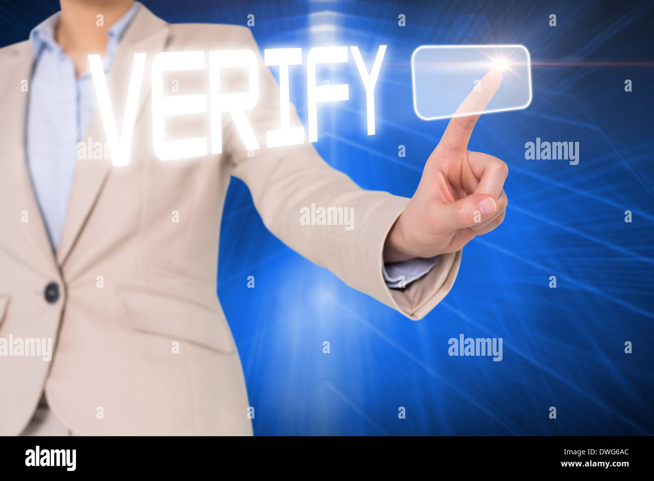 Businesswomans finger touching verify button against shiny lines ...